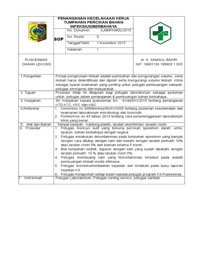 SOP Penanganan Kecelakaan Kerja Tumpahan, Percikan Bahan Infeksius | PDF | Pengembangan Diri ...