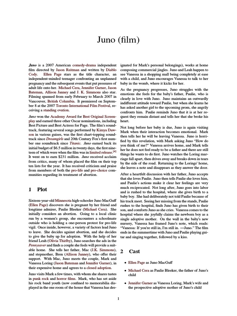 Juno (Film) PDF | PDF | Cinema | Leisure