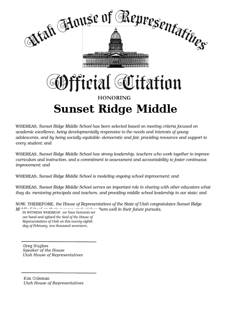 Sunset Ridge Middle School: IN WITNESS WHEREOF, We Have Hereunto Set | PDF