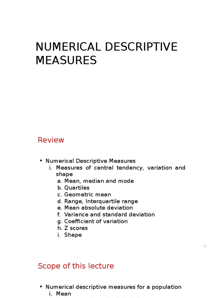 Numerical Descriptive Measures | PDF | Coefficient Of Variation | Mean