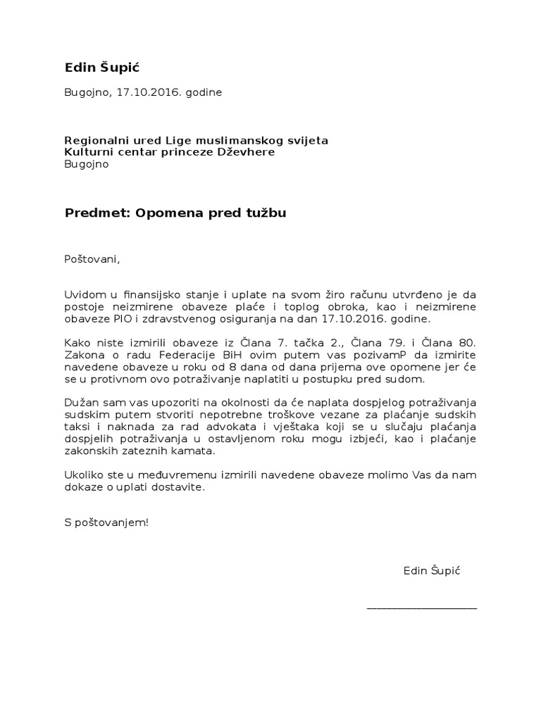 Documents - Tips Opomena Pred Tuzbu Obrazac | PDF