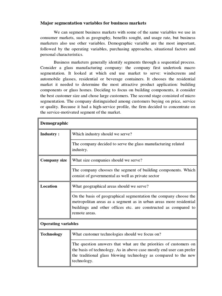 Major Segmentation Variables For Business Markets | PDF | Market ...