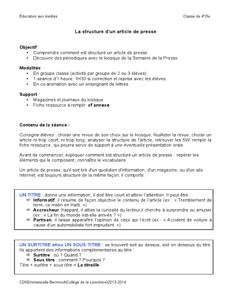 Structure de L Article de Presse 4e 3e | PDF | Journaux et magazines ...