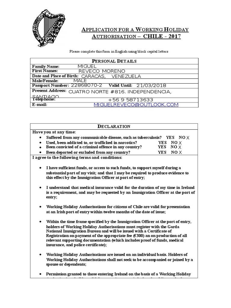 MIGUEL REVECO Ireland Chile WHA Application Form | Download Free PDF ...
