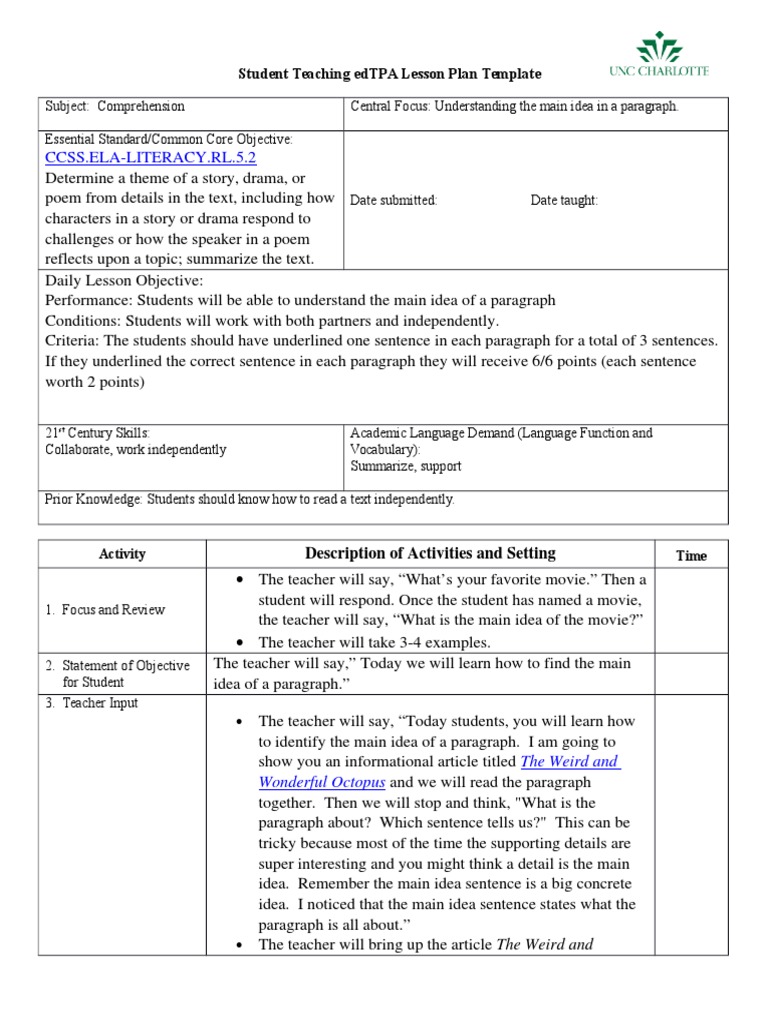 Ccss - Ela Literacy - Rl.5.2: Student Teaching Edtpa Lesson Plan ...