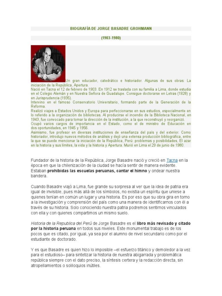 Biografía de Jorge Basadre Grohmann | PDF
