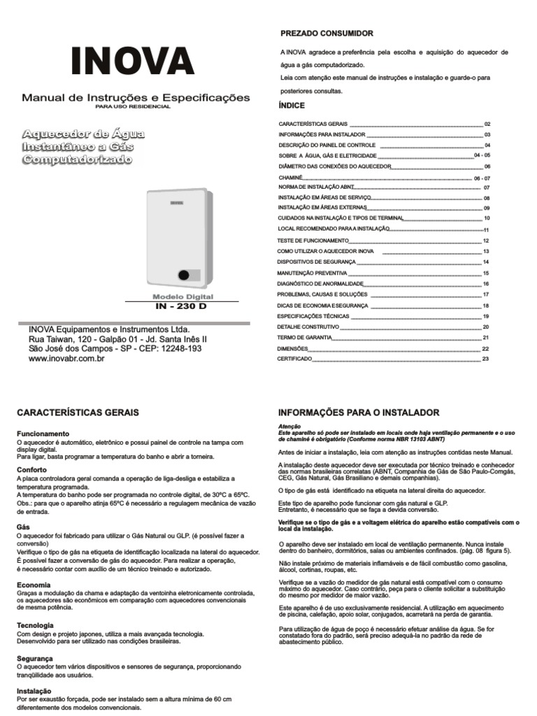 Manual Aquecedor Inova IN-230 D | PDF | Gás natural | Calor