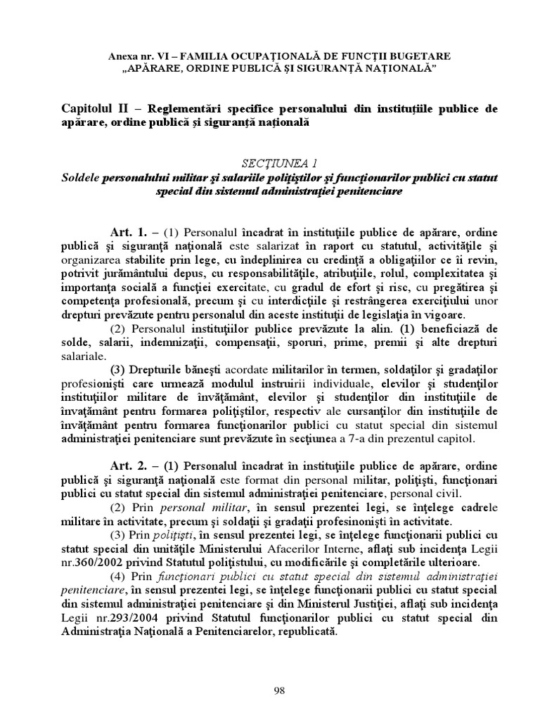 Anexa Nr. VI - FAMILIA OCUPAŢIONALĂ DE FUNCŢII BUGETARE APĂRARE, ORDINE ...