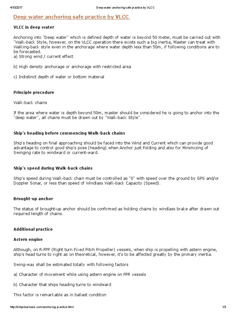 Deep Water Anchoring Safe Practice by VLCC | PDF | Anchor | Ships