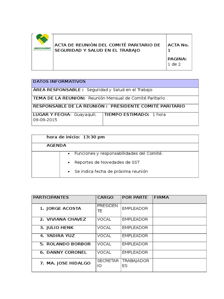 Acta de Reunión Del Comité Paritario de Seguridad y Salud en El Trabajo ...