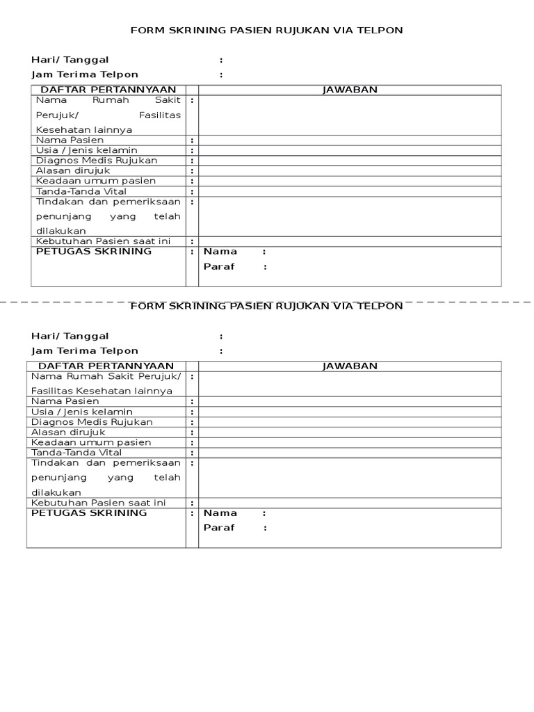 Form Check List Skrining Pasien Rujukan Via Telpon | PDF