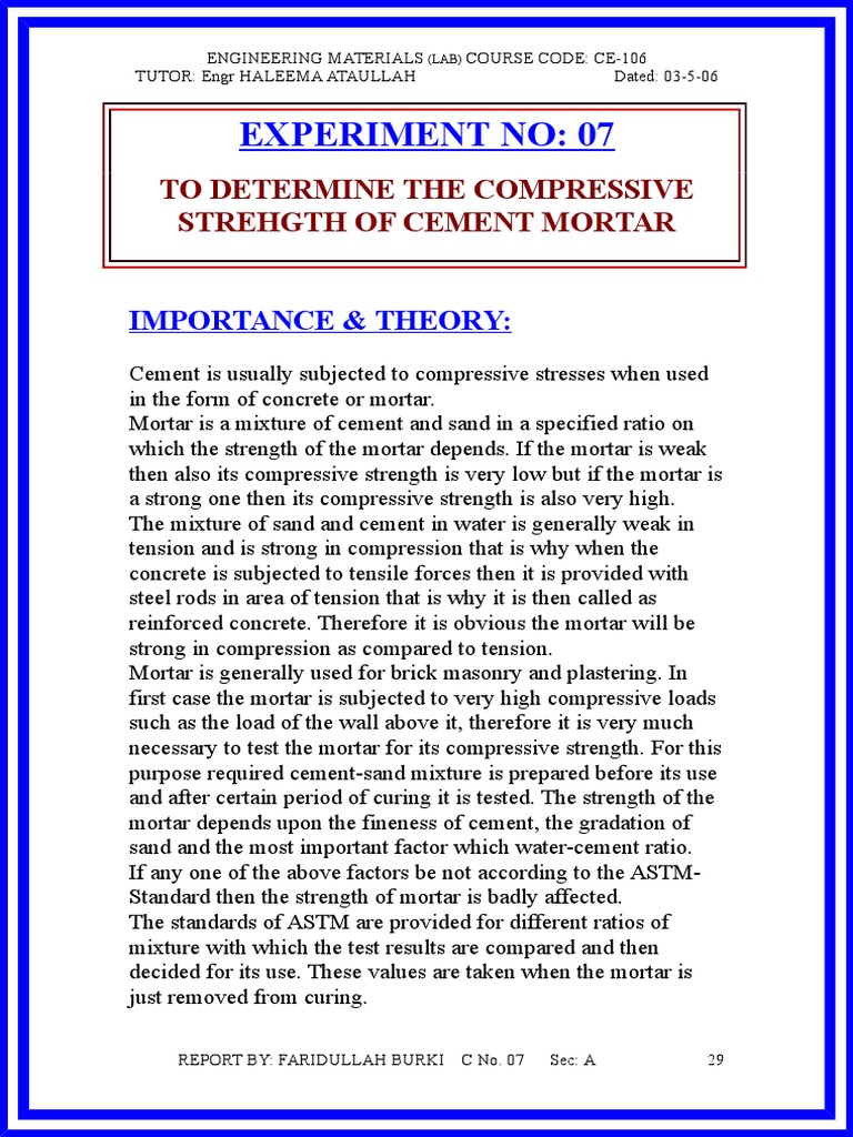 Compressive Strength of Cement Mortar | PDF | Mortar (Masonry) | Concrete