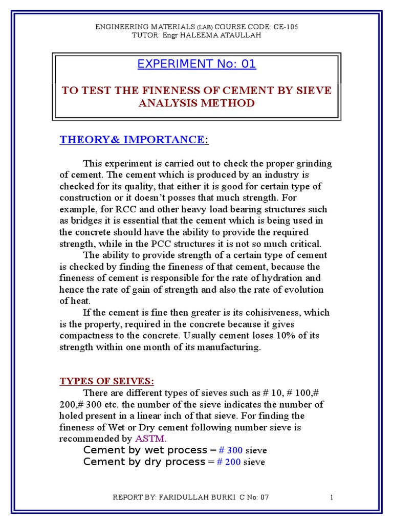 Cement Fineness Test by Sieve Analysis | PDF | Concrete | Cement