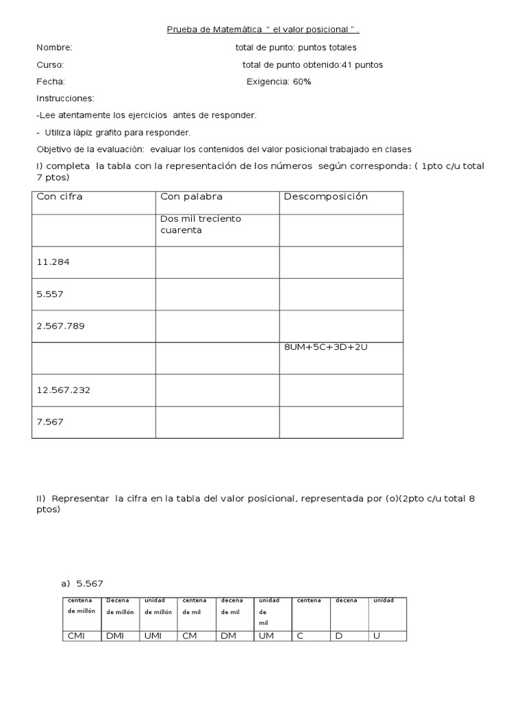 Prueba Valor Posicional | PDF | Notación | Modelado científico