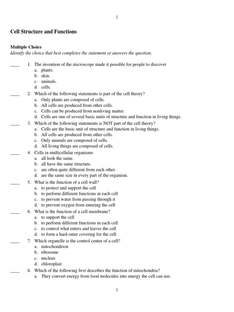 Practice Test Ch 3 Cell Structure And Function Pdf Cytoplasm Cell 4258