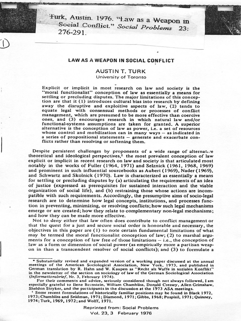 Austin Turk - Law As A Weapon in Social Conflict | PDF | Power (Social ...