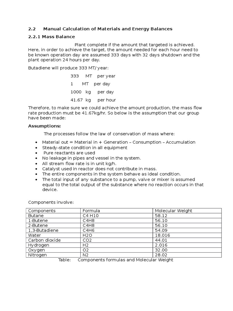 2.2 Manual Calculation of Materials and Energy Balances 2.2.1 Mass ...