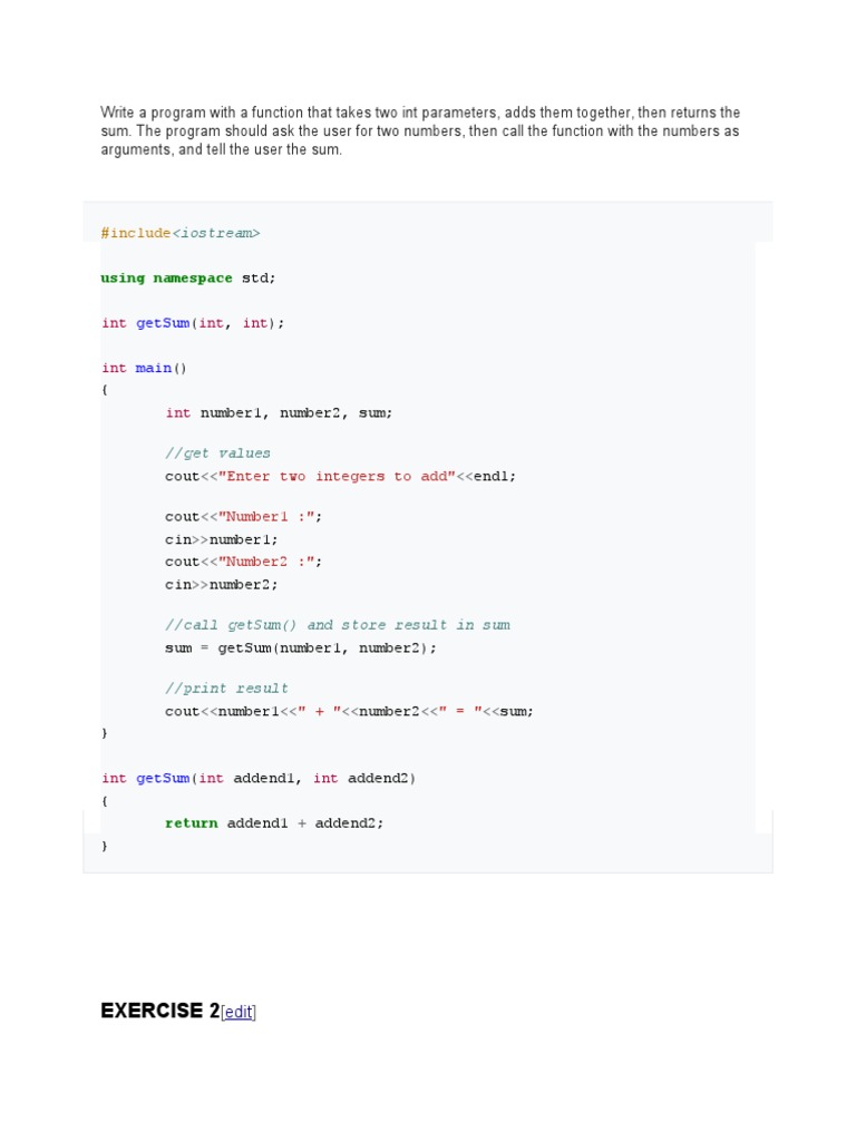 Calculating the Sum of Two Integers by Calling a Function | PDF ...
