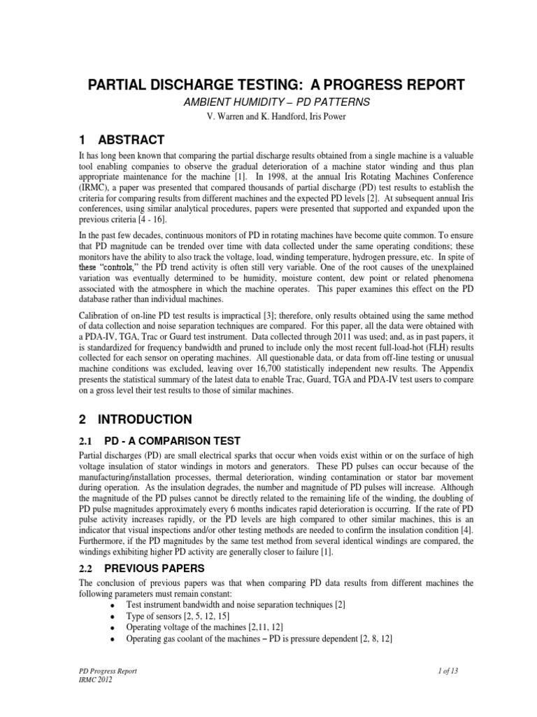 2012 - Partial Discharge Testing - A Progress Report | PDF | Electrical ...