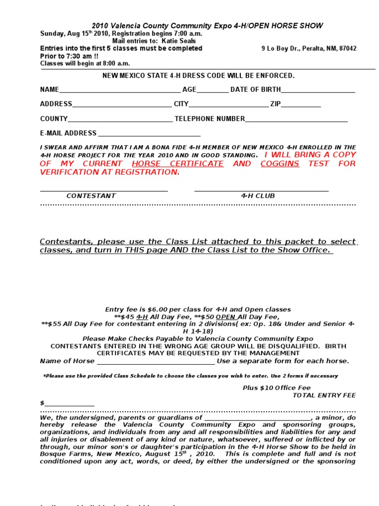 Horse Show Entry Form | PDF | Horses | Fashion