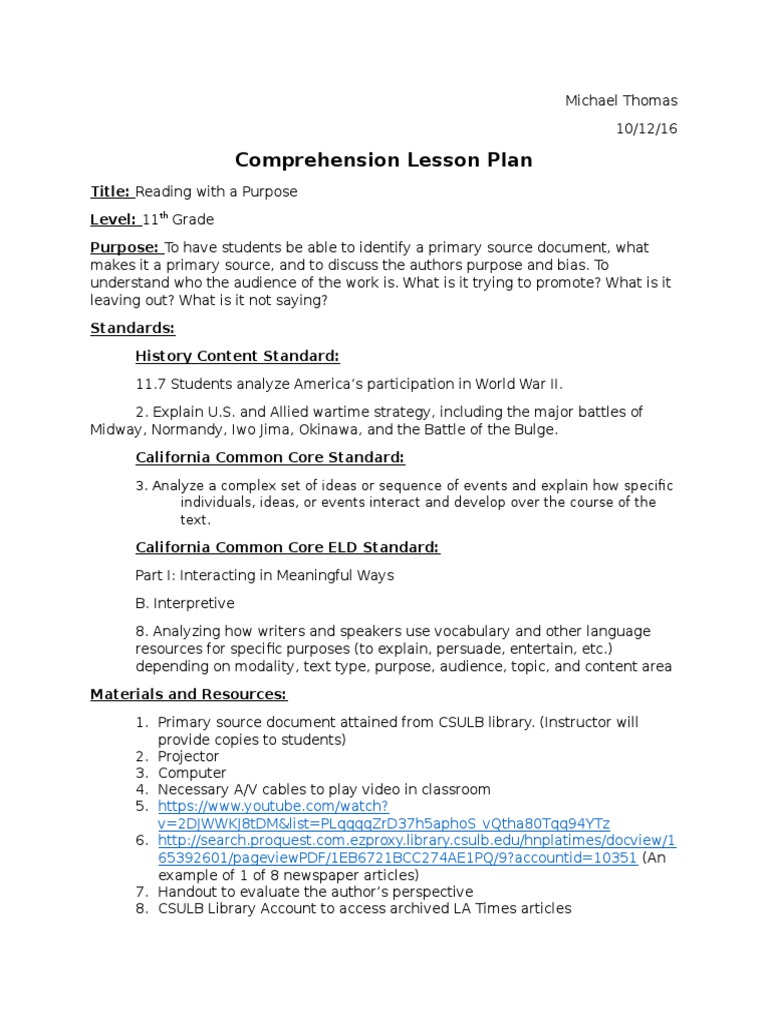 lesson plan- comprehension | Primary Sources | Reading Comprehension ...