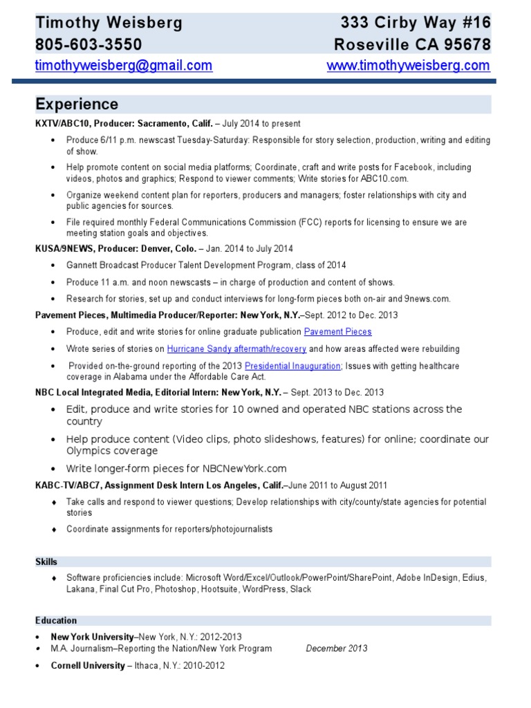 Timothy Weisberg Resume 2017 | PDF | Mass Media | Communication