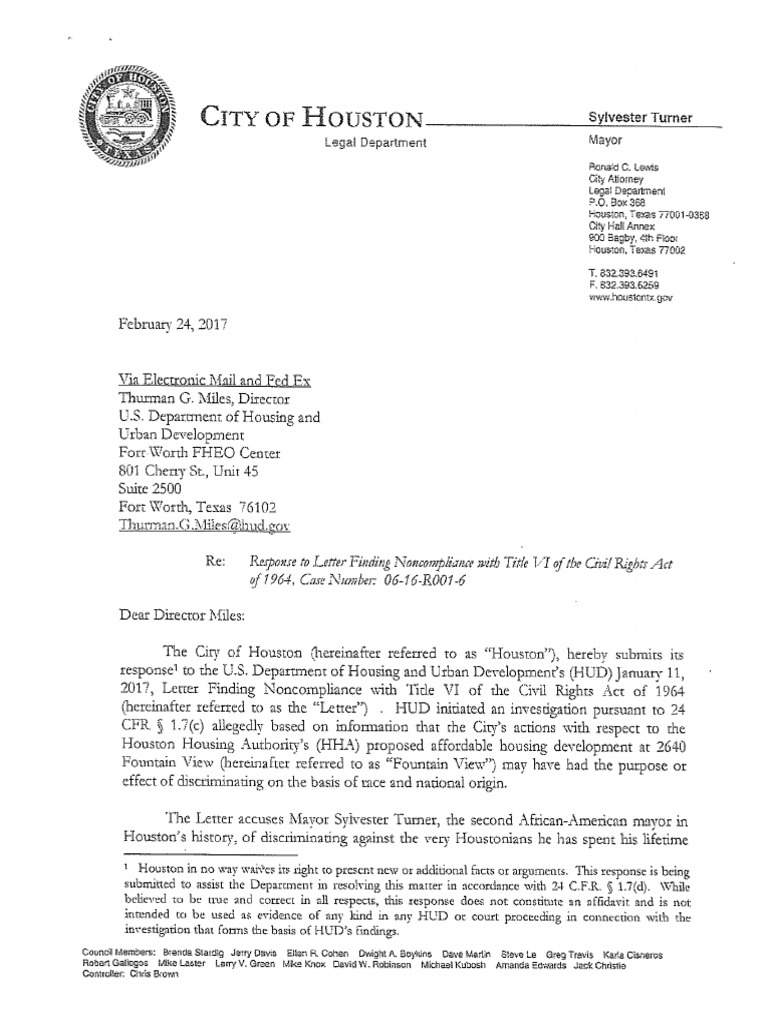 Houston's Letter To HUD | PDF