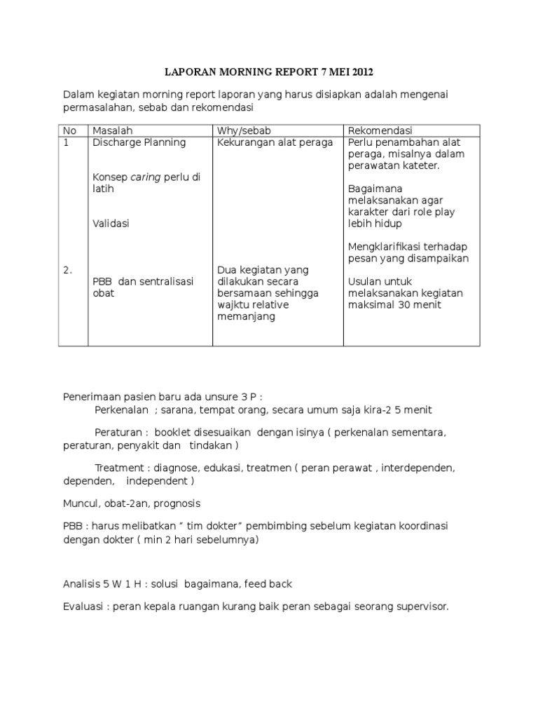 Laporan Morning Report 7 Mei 2012 | PDF