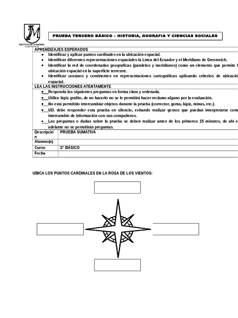 Prueba de Ubicación Espacial 3° Básico | PDF | Mapa | Geografía Física