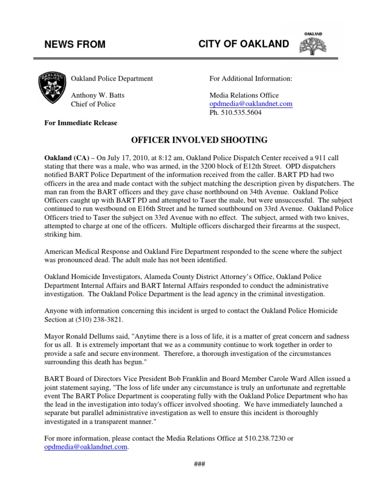 Press Release - OIS | Download Free PDF | Oakland | Police