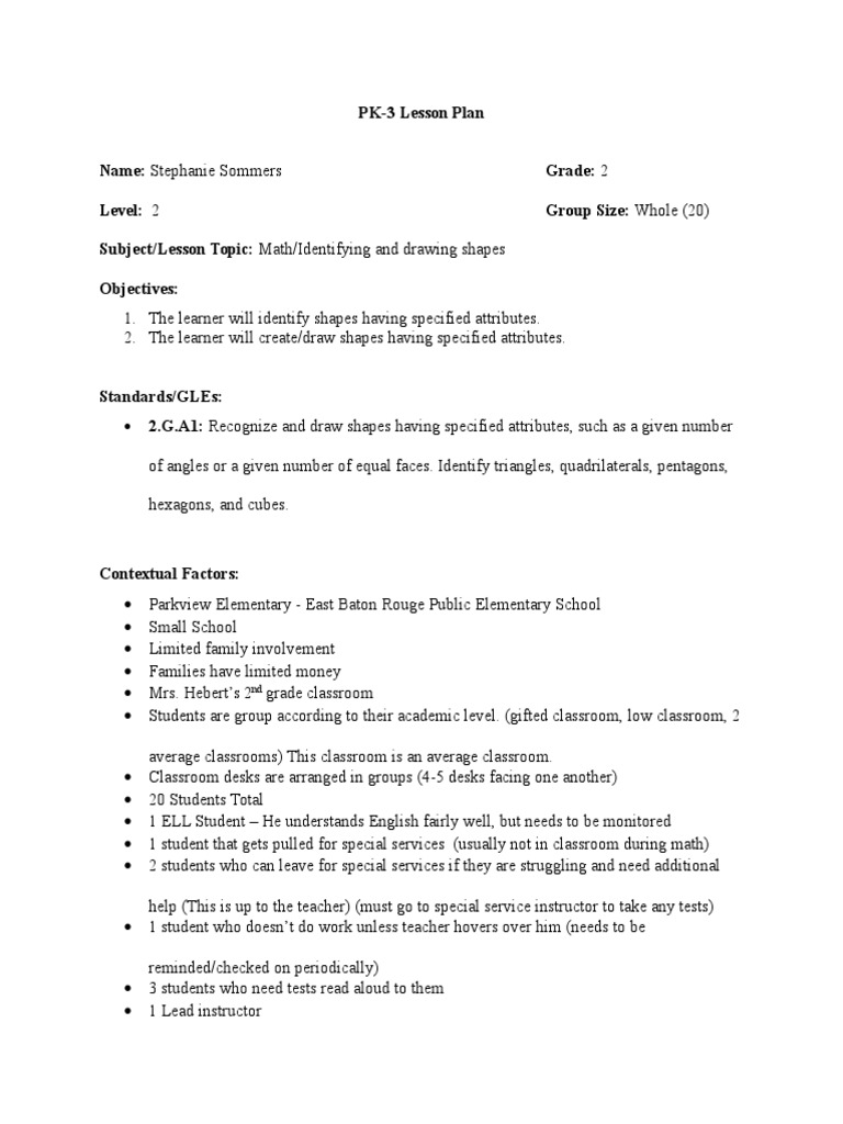 Whole Group Lesson Plan | PDF | Shape | Classroom