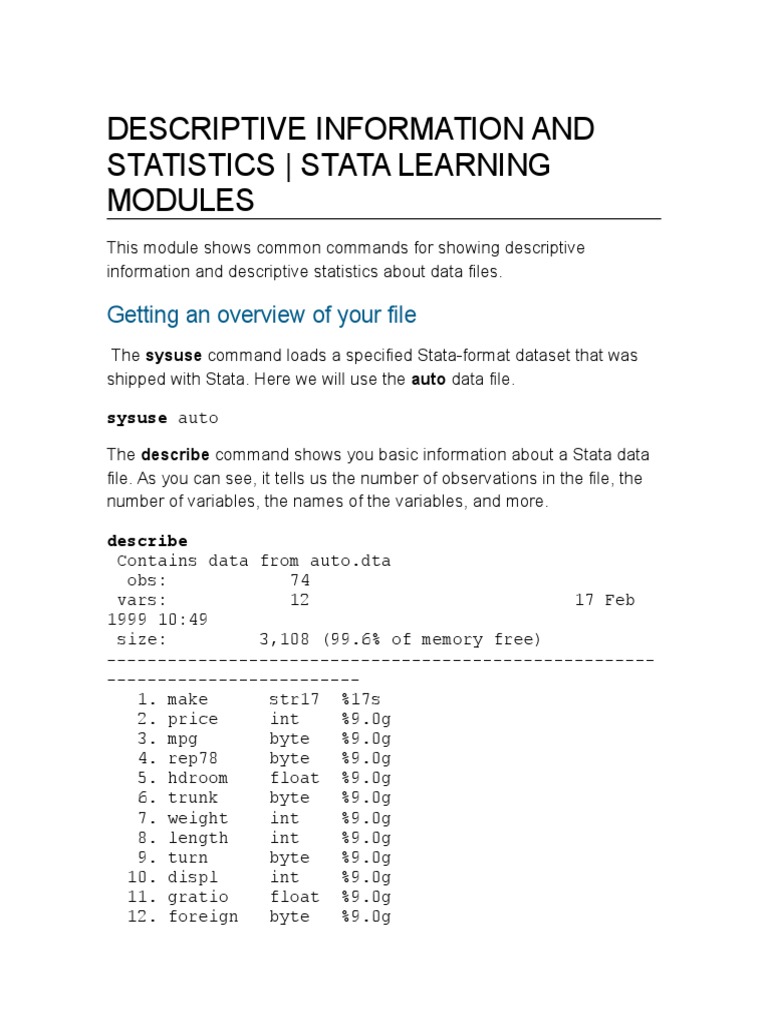 Descriptive Information and Statistics - Stata Learning Modules | PDF | Integer (Computer ...