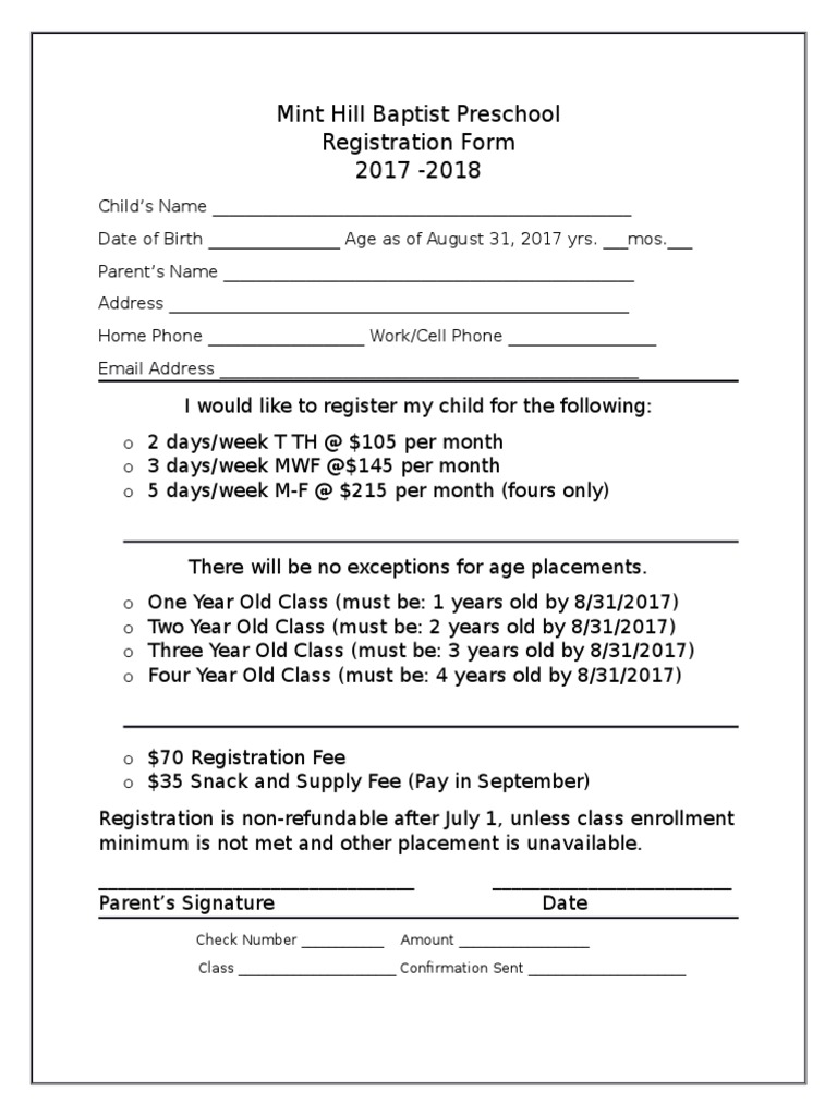 Mint Hill Baptist Church Playschool Registration Form 2017-2018 | PDF