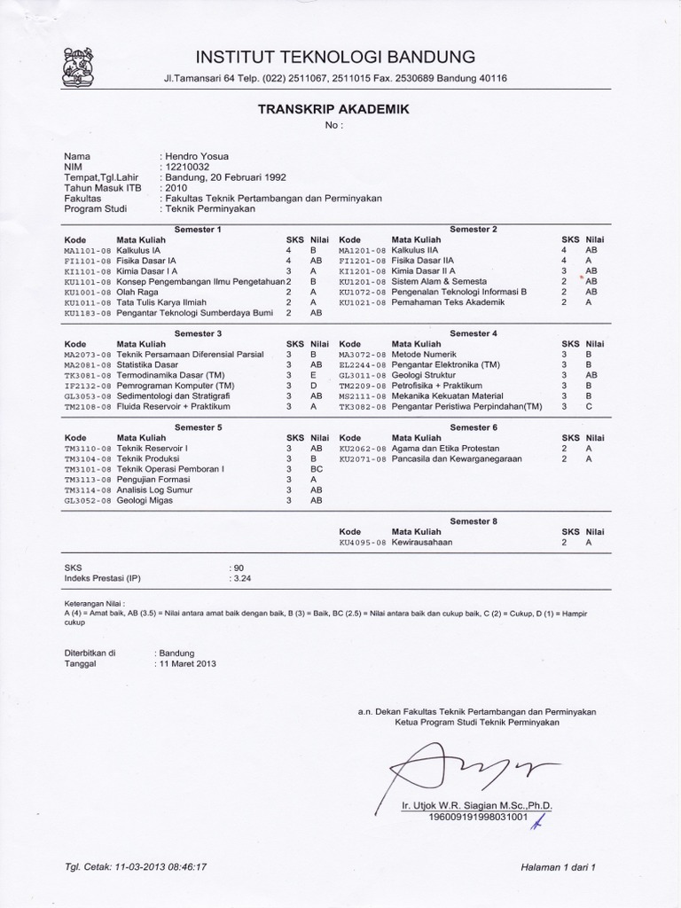 Academic Transcript - Hendro Yosua (Indonesian Ver.) | PDF