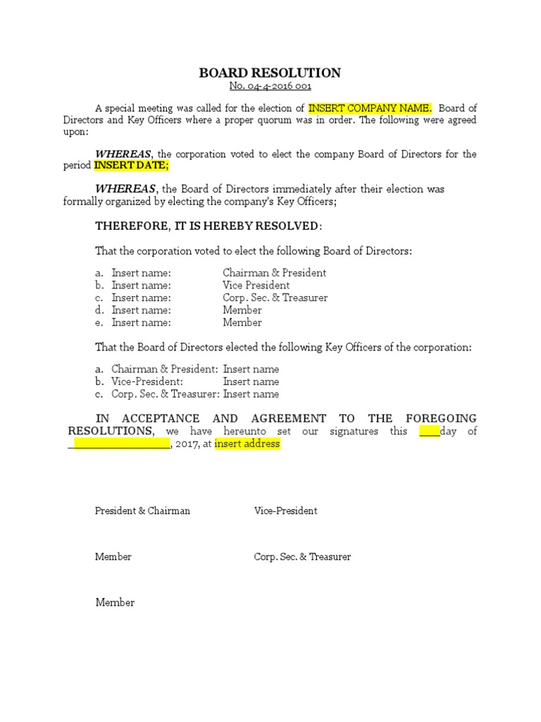 BOARD RESOLUTION Election of Officers Sample | PDF | Board Of Directors ...
