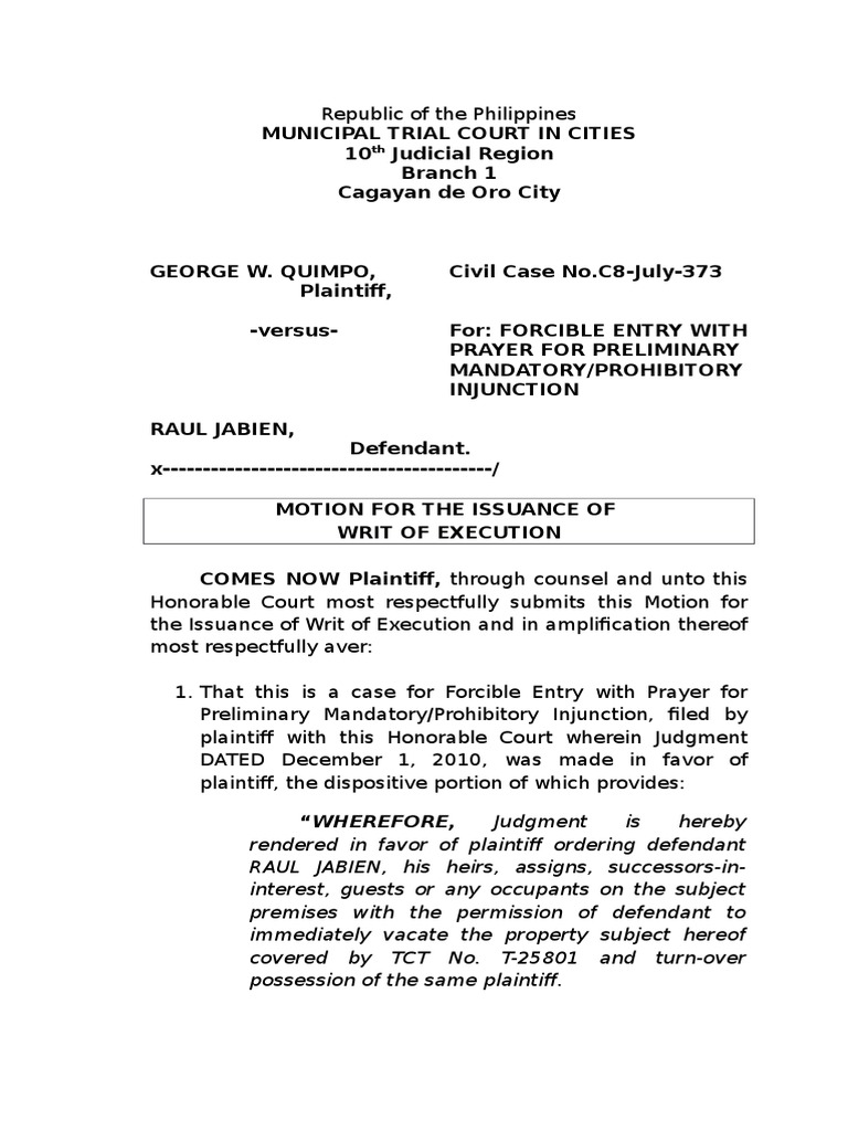 Motion For Issuance of Writ of Execution Sample | PDF | Lawsuit | Judgment (Law)