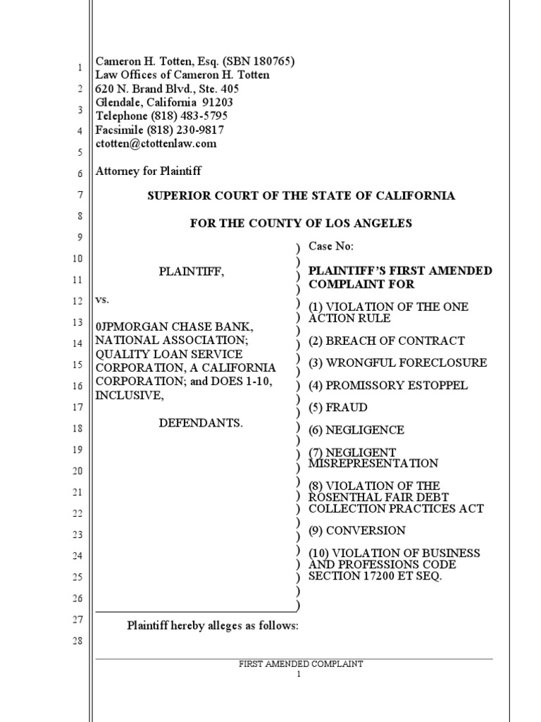 Complaint For Violation of The One Action Rule, Violation of Rosenthal ...