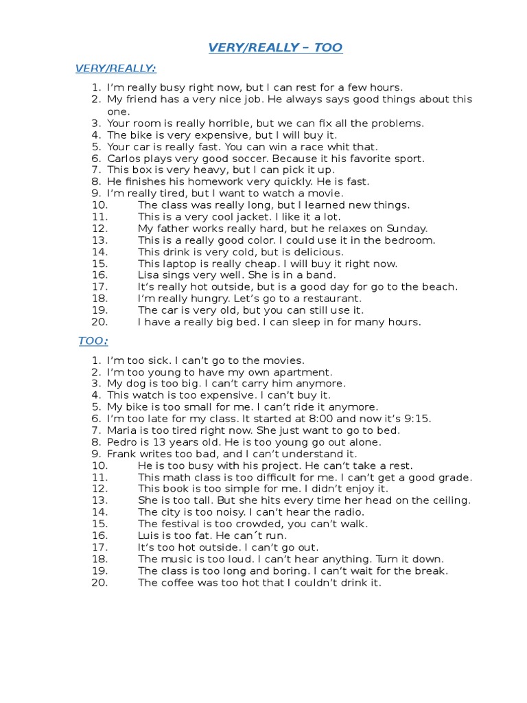 Very - Too - Exercises | PDF