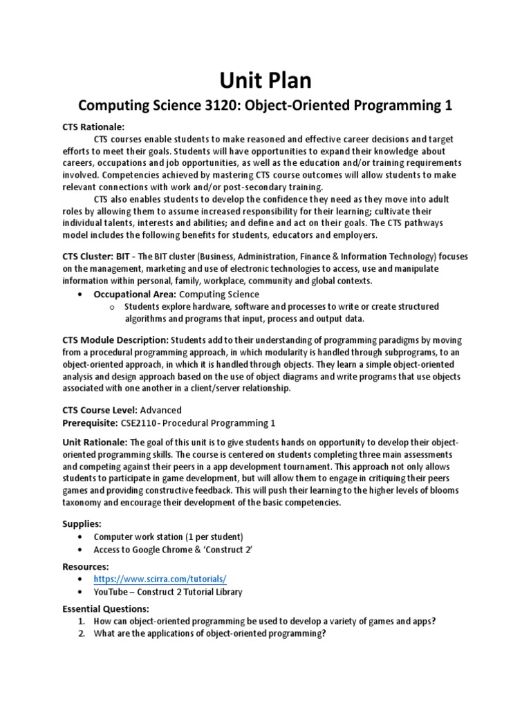 Unit Plan Cse 3120 | PDF | Object Oriented Programming | Object ... Unit Plan Cse 3120 | PDF | Object Oriented Programming | Object ...