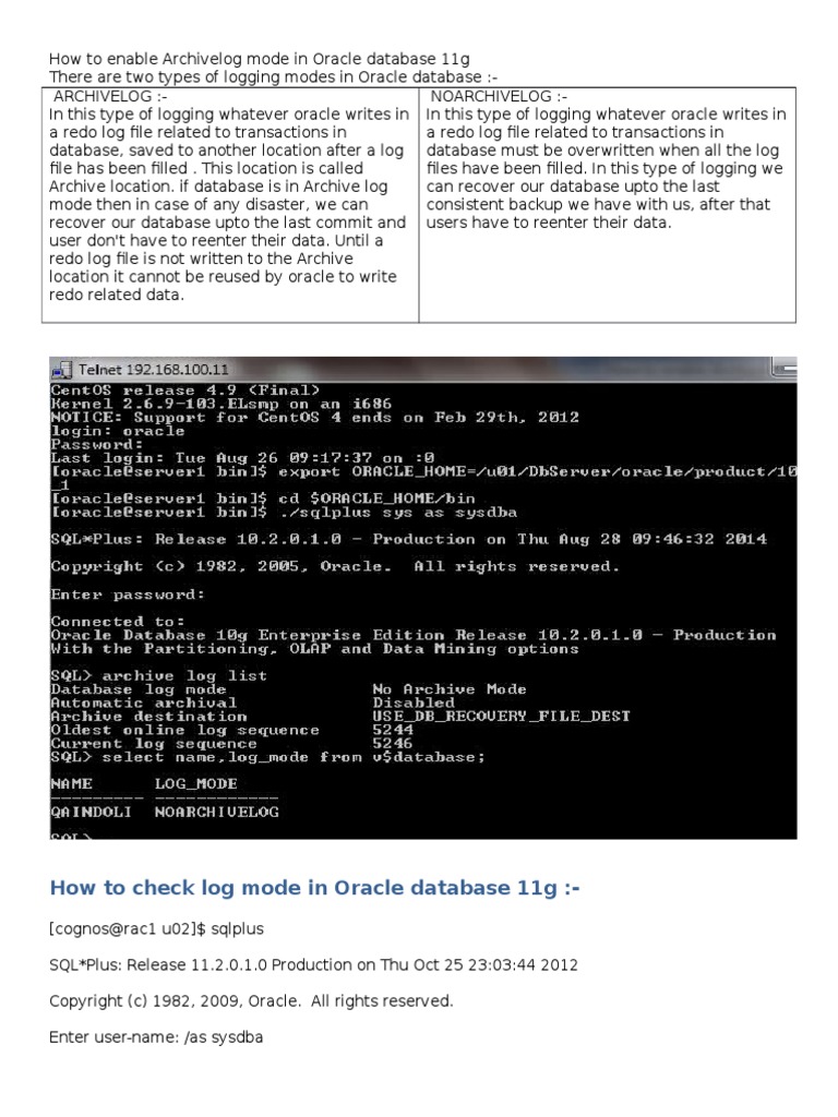 How To Enable Archivelog Mode in Oracle Database 11g | PDF
