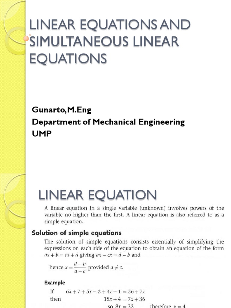 Linear Equations Overview and Tasks | PDF
