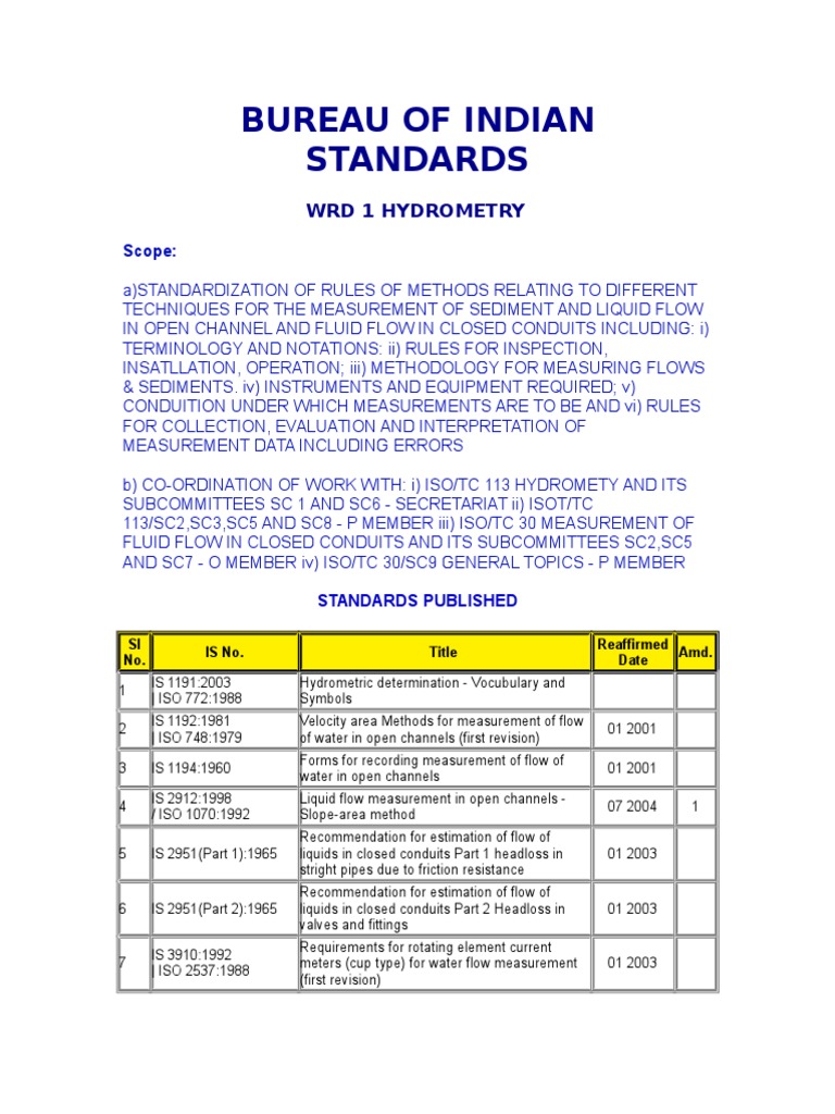 Bureau of Indian Standards-list for Students | Flow Measurement ...