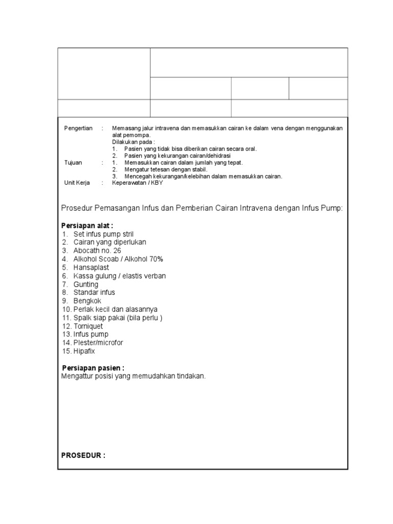 Sop-Kby - Pemasangan Infus Dan Pemberian Cairan Intravena DG Infus Pump | PDF
