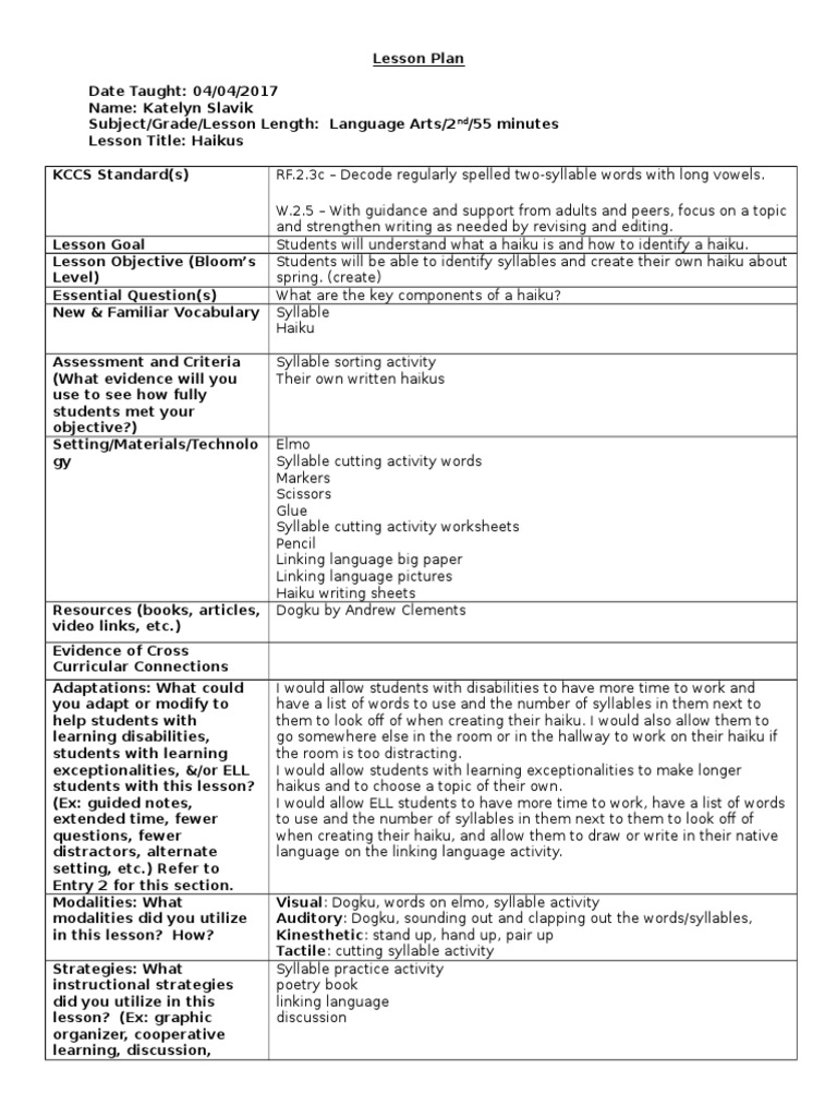 Haiku Lesson Plan Esl Practicum | PDF | Haiku | Pedagogy