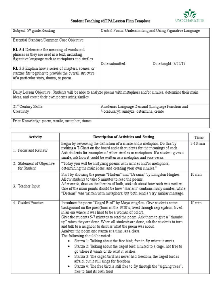 Student Teaching Edtpa Lesson Plan Template | PDF | Metaphor | Lesson Plan