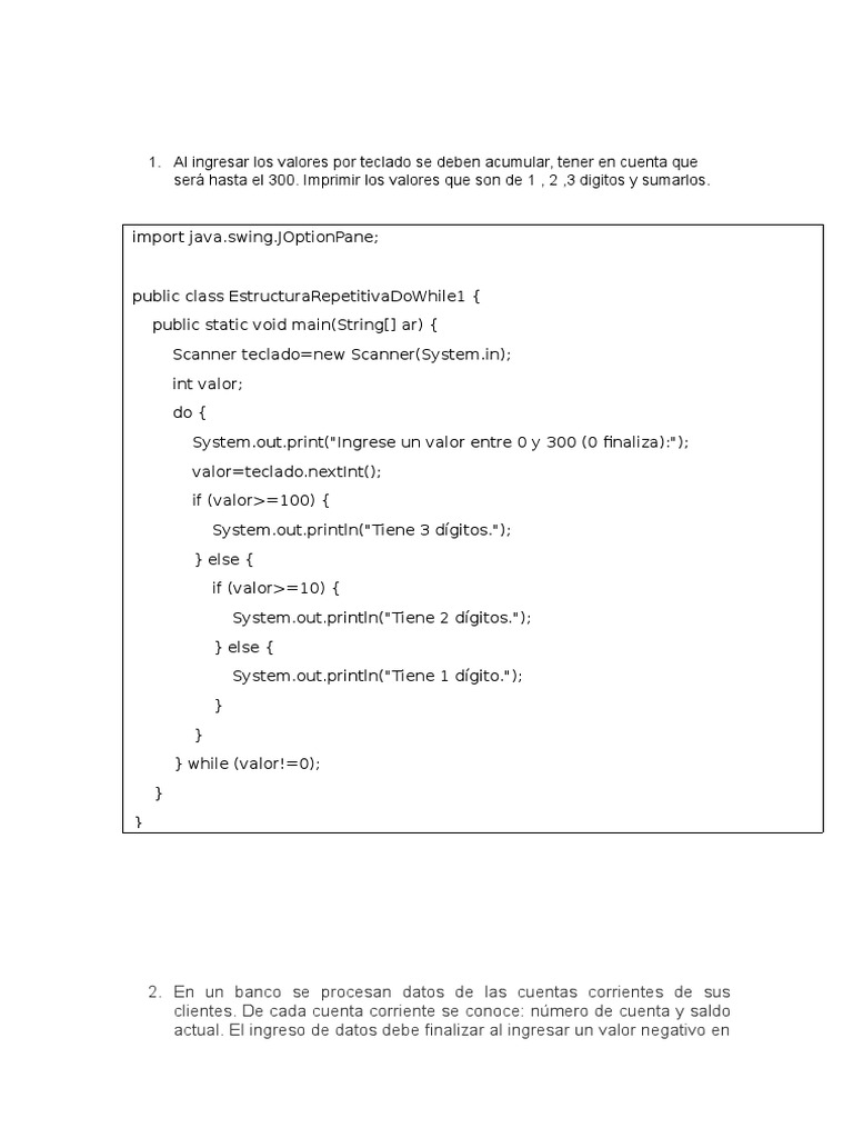 Ejercicios Do While y For | PDF | Java (lenguaje de programación) | Paradigmas de programación