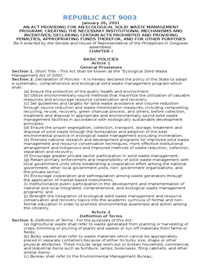 Republic Act 9003 | PDF | Waste Management | Municipal Solid Waste