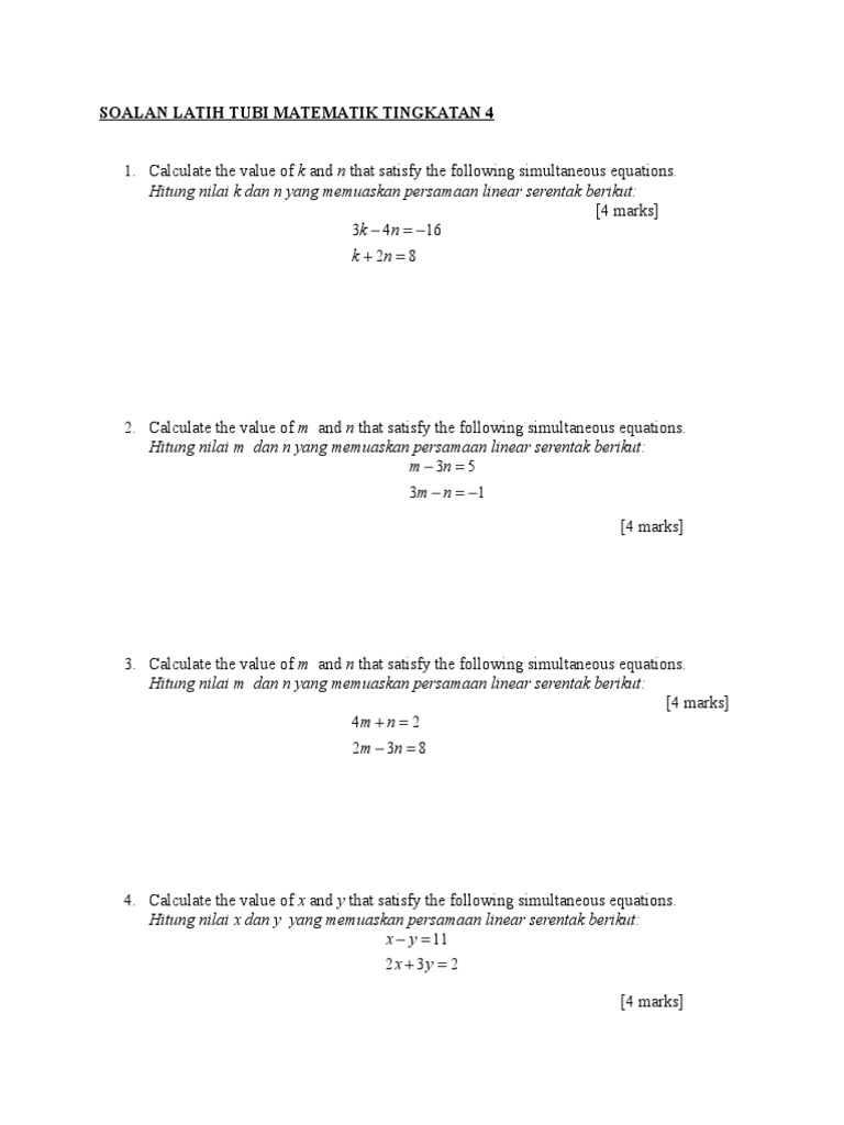 LATIH TUBI MATEMATIK Persamaan Linear Serentak Ting 4 | PDF