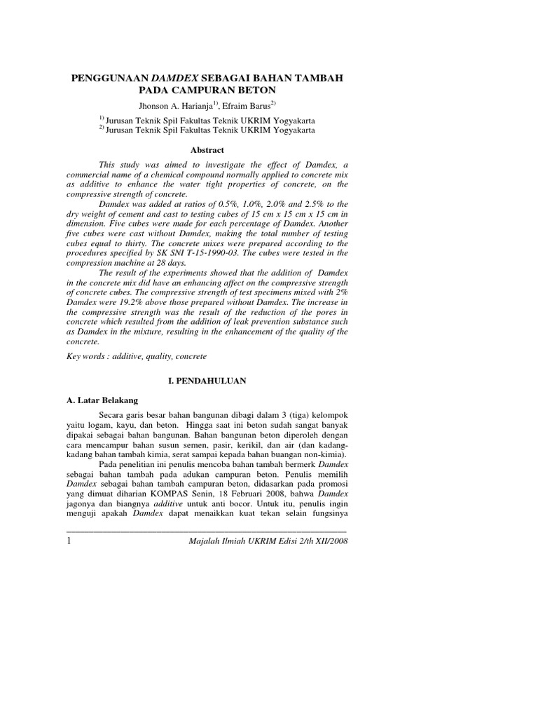 Penggunaan Damdex Sebagai Bahan Tambah Pada Campuran Beton | PDF ...