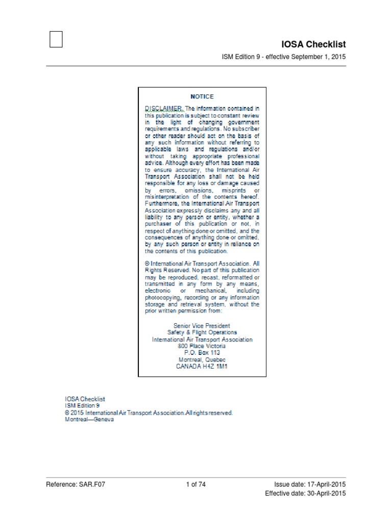IOSA Checklist: ISM Edition 9 - Effective September 1, 2015 | PDF ...